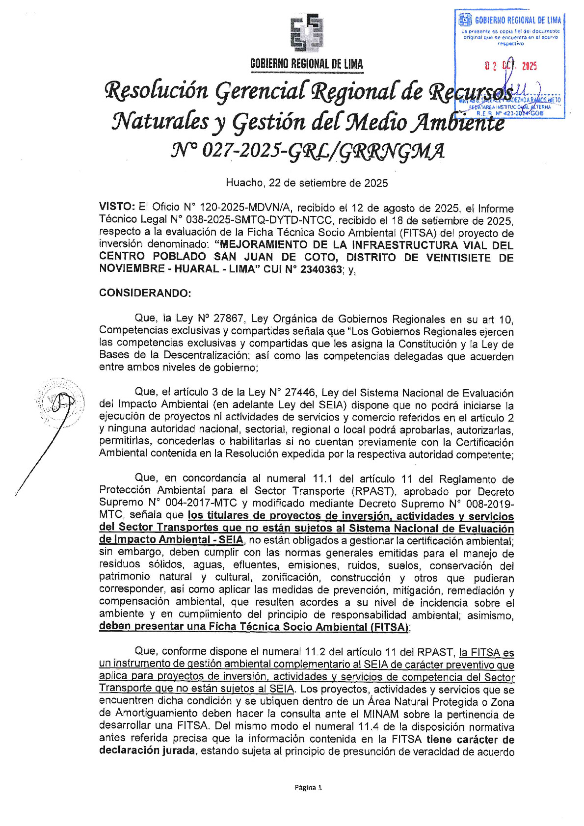 RESOLUCIÓN GERENCIAL REGIONAL DE RECURSOS NATURALES Y GESTIÓN DEL MEDIO AMBIENTE N.° 027-2025 ...